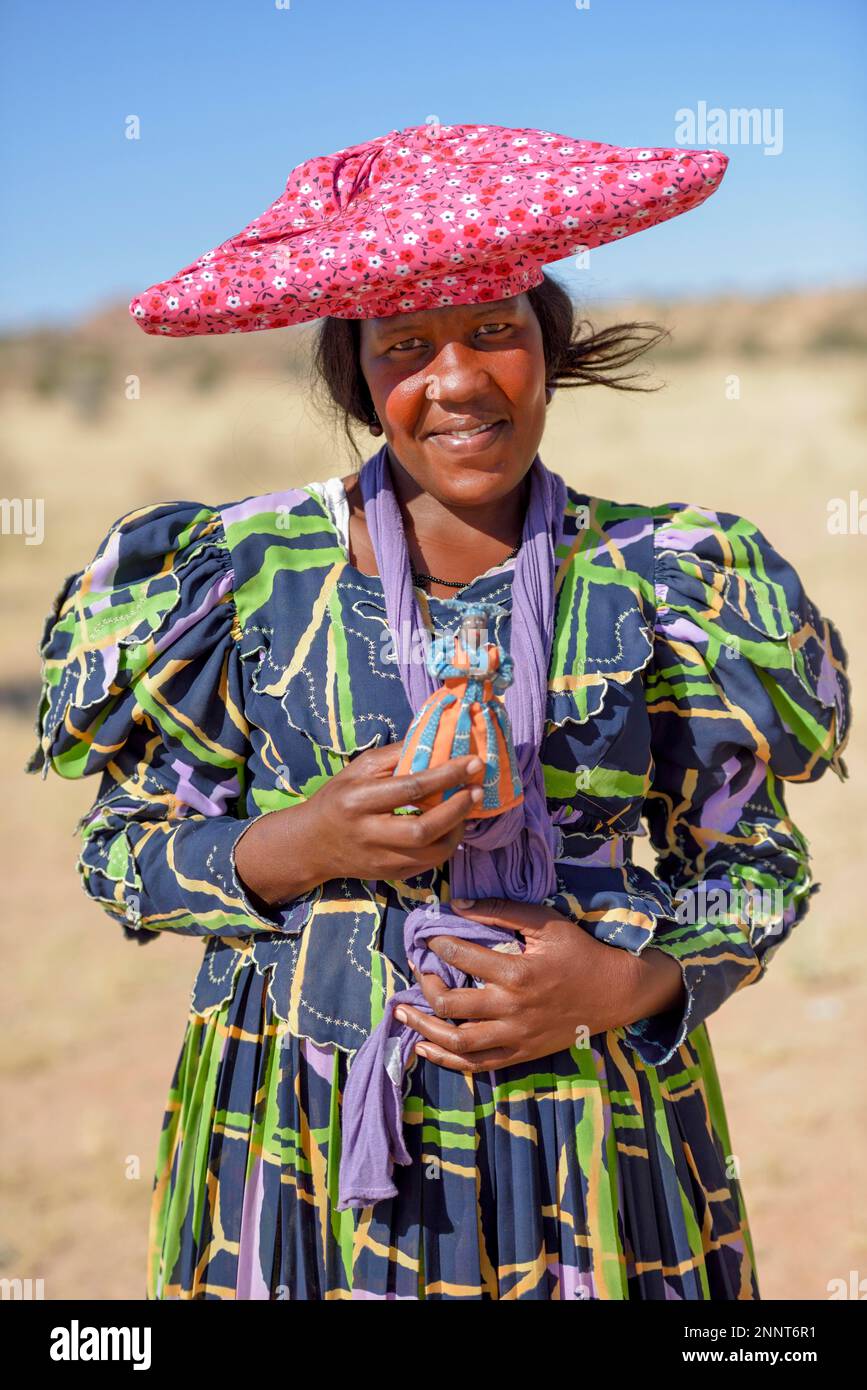 Herero woman in traditional costume, near Khorixas, Kunene Region ...
