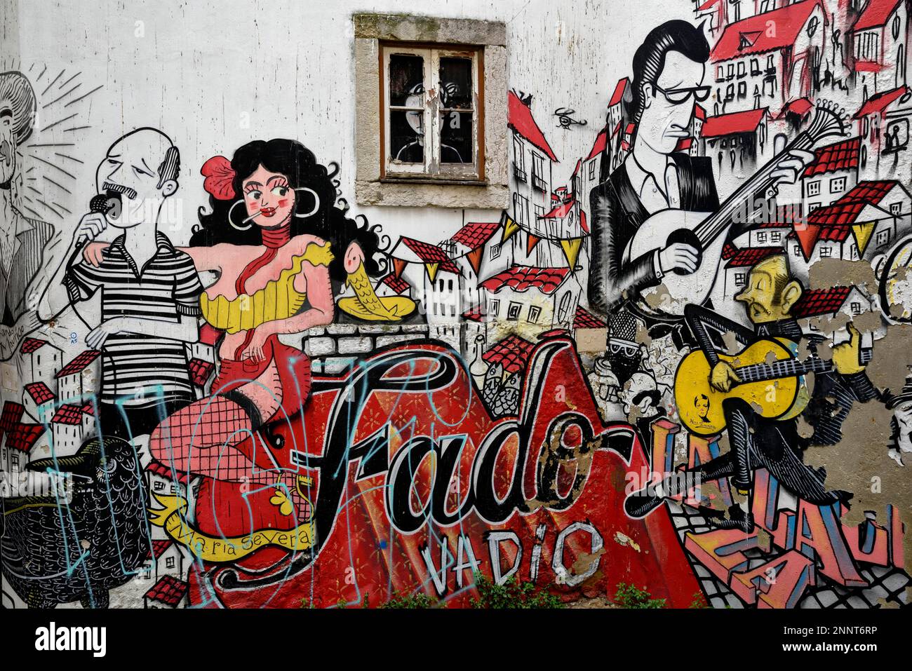 Graffito or mural painting, fado musician, Alfama quarter, Lisbon ...