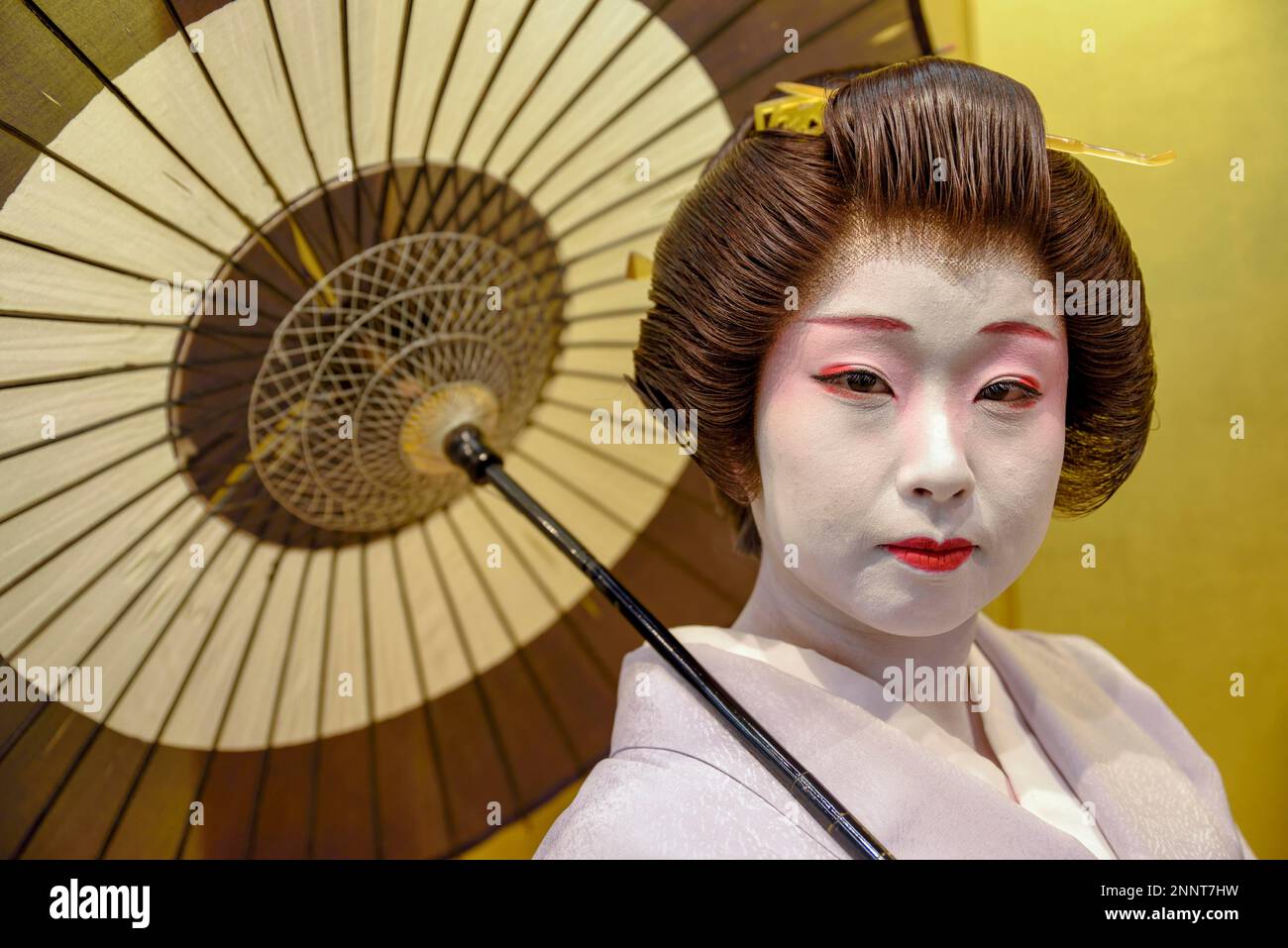 Geisha in traditional costume, portrait, umbrella, Omori, Tokyo, Japan ...