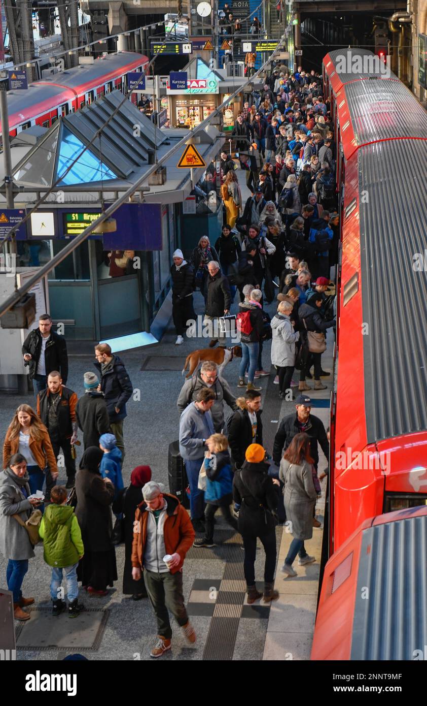 Trains, passengers, platform, station concourse, main station, Hamburg ...