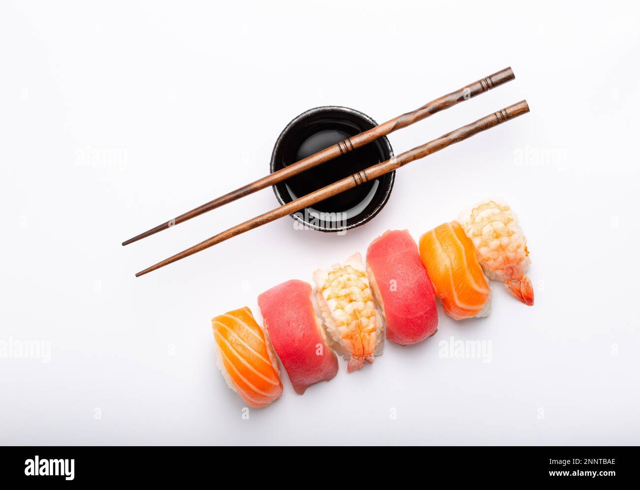 Set of different sushi with salmon, tuna and shrimp, soy sauce and ...