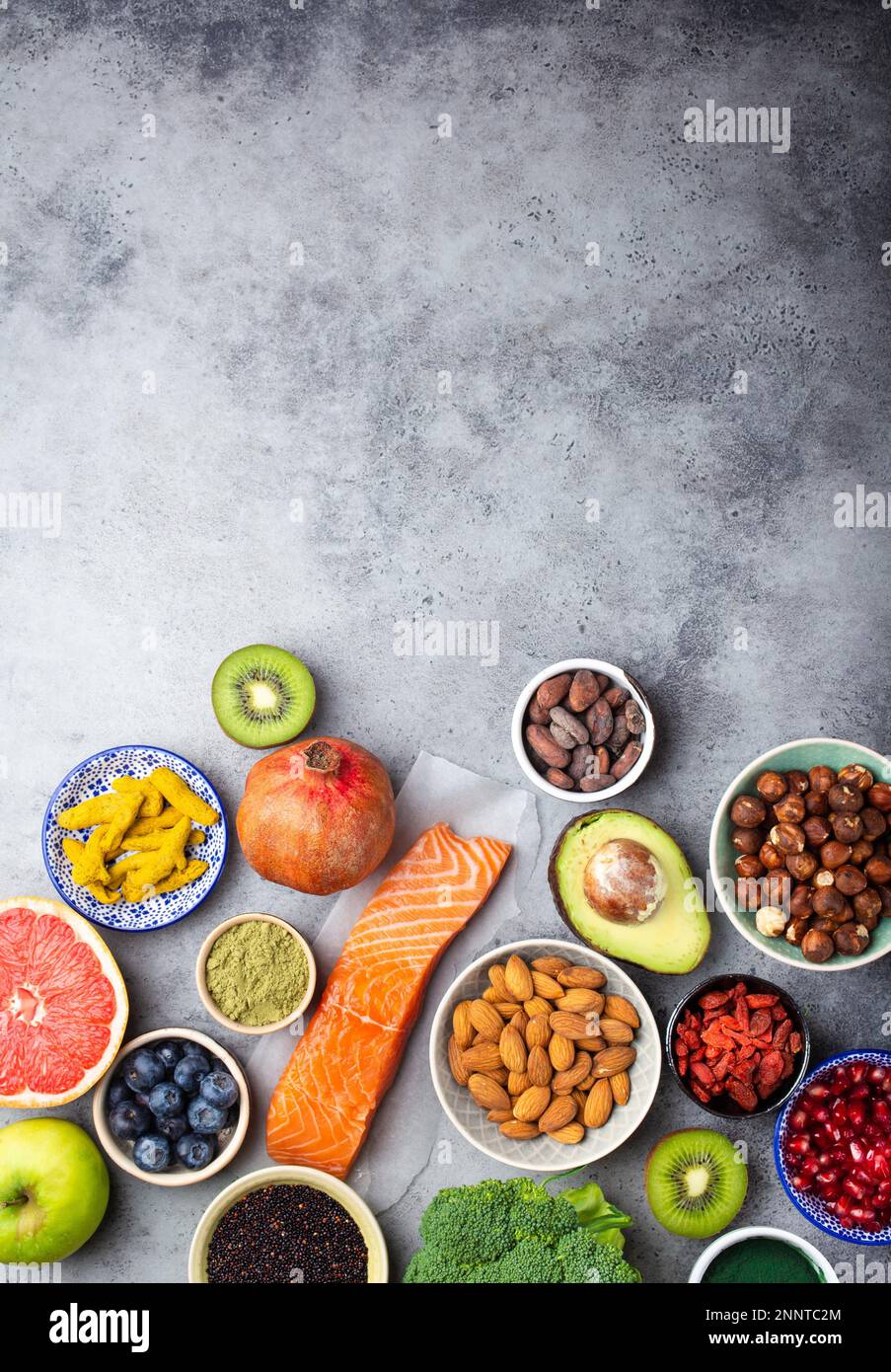 Selection of healthy products and superfoods: salmon, fruit, vegetables ...