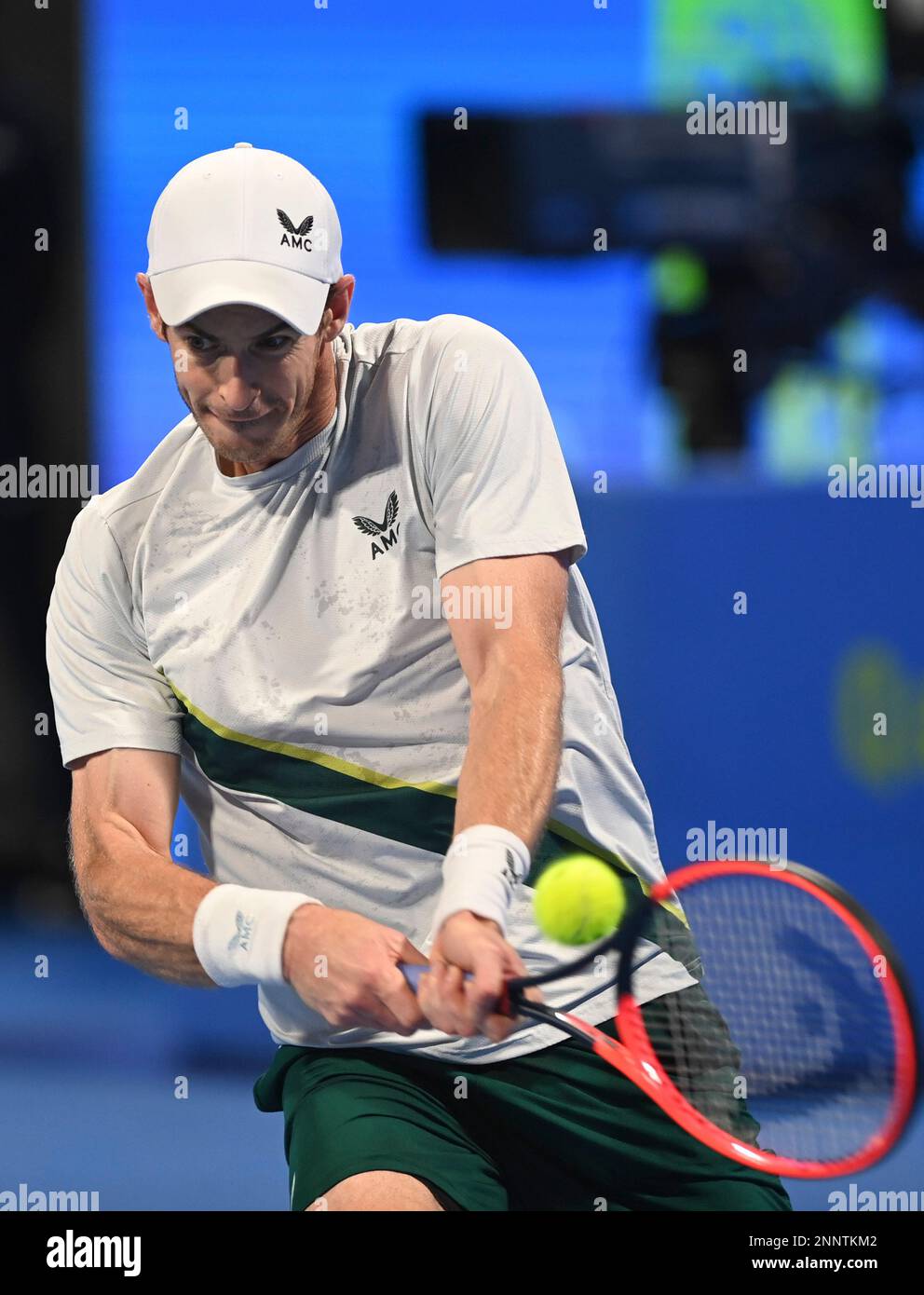 Doha, Qatar. 25th Feb, 2023. Andy Murray of Britain hits a return during the singles final ...