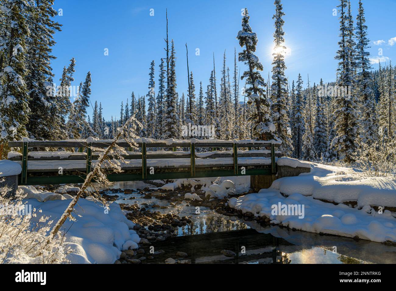 Bridge over channel of Bow River under clear blue sky, Lake Louise ...
