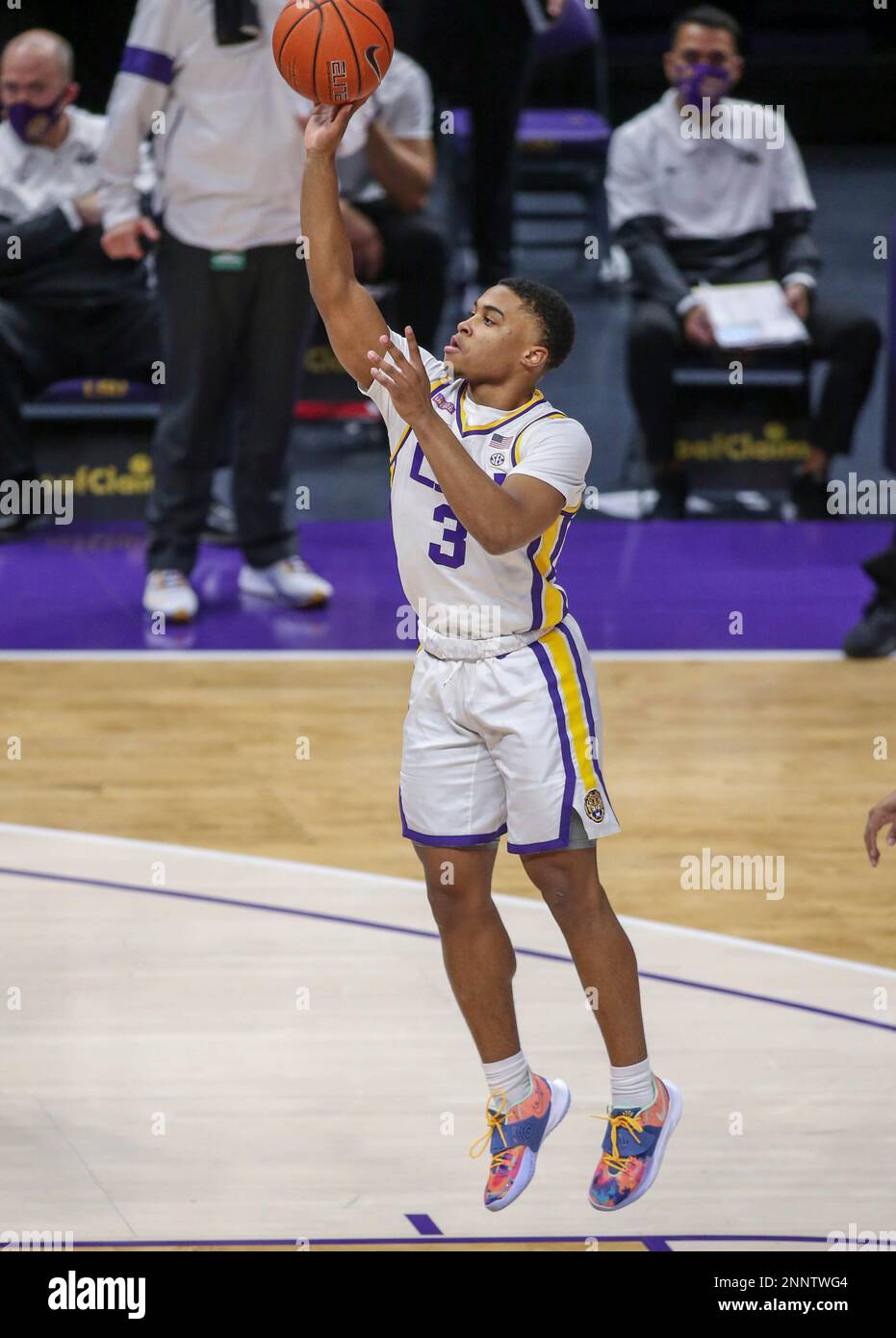 February 20, 2021: LSU's Jalen Cook (3) attempts a short jump shot ...