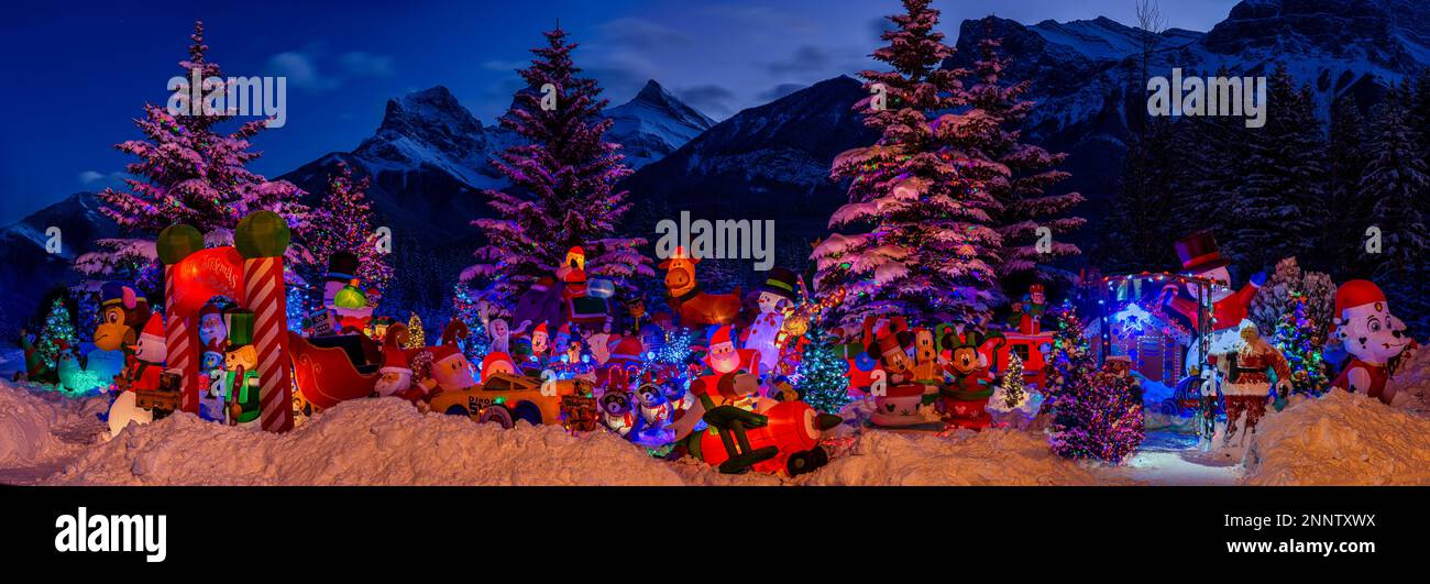 Christmas decorations at night, Canmore, Alberta, Canada Stock Photo ...