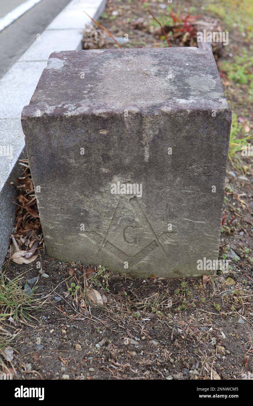 Sendai, Miyagi, Japan, February 2023.Freemasonry stone near Sendai ...
