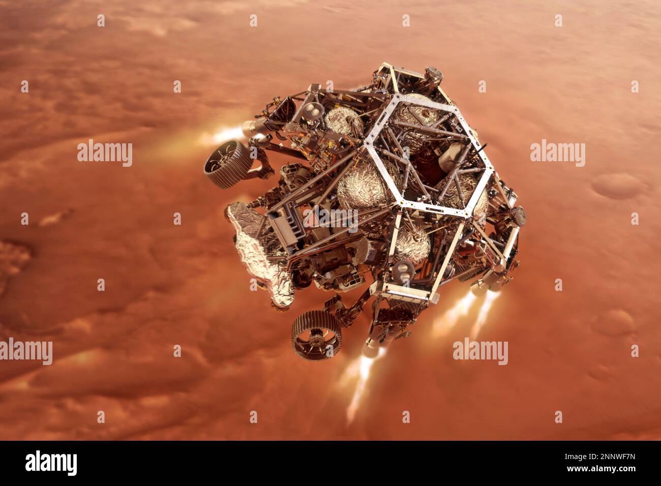 In this illustration provided by NASA, the Perseverance rover fires up ...