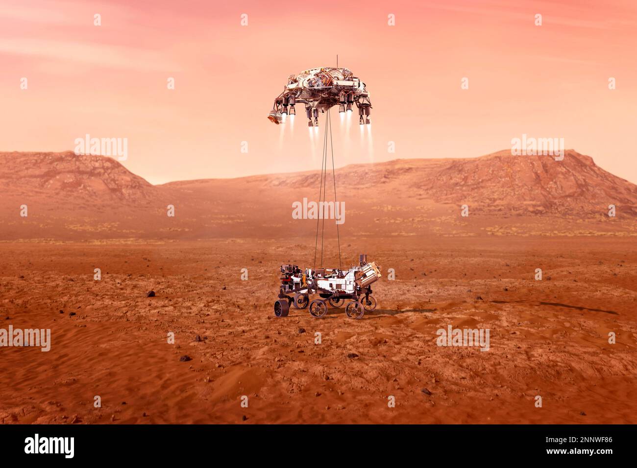 This illustration provided by NASA shows the Perseverance rover, bottom ...