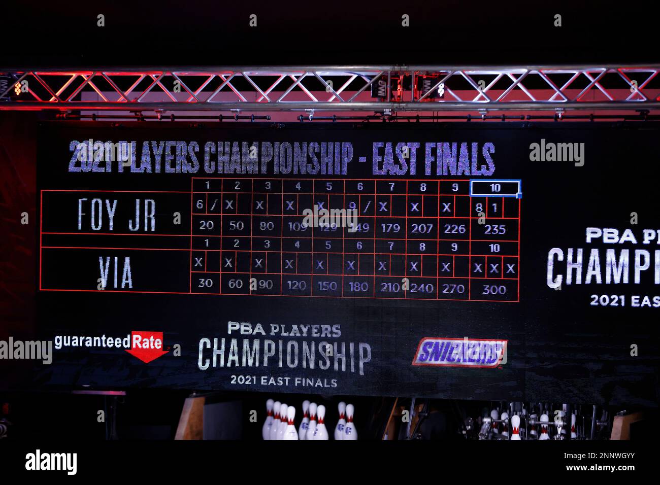 Chris Via's score is displayed after rolling a perfect 300 game against ...