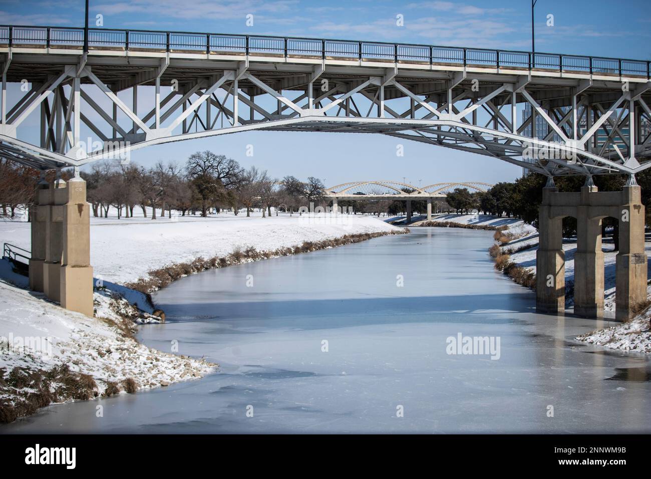 The Trinity River is mostly frozen after a snow storm Monday, Sept. 15 ...