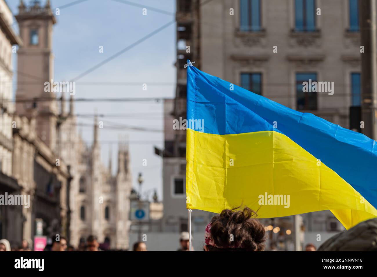 Flag with yellow and blue striped colors of Ukraine waving in the wind ...
