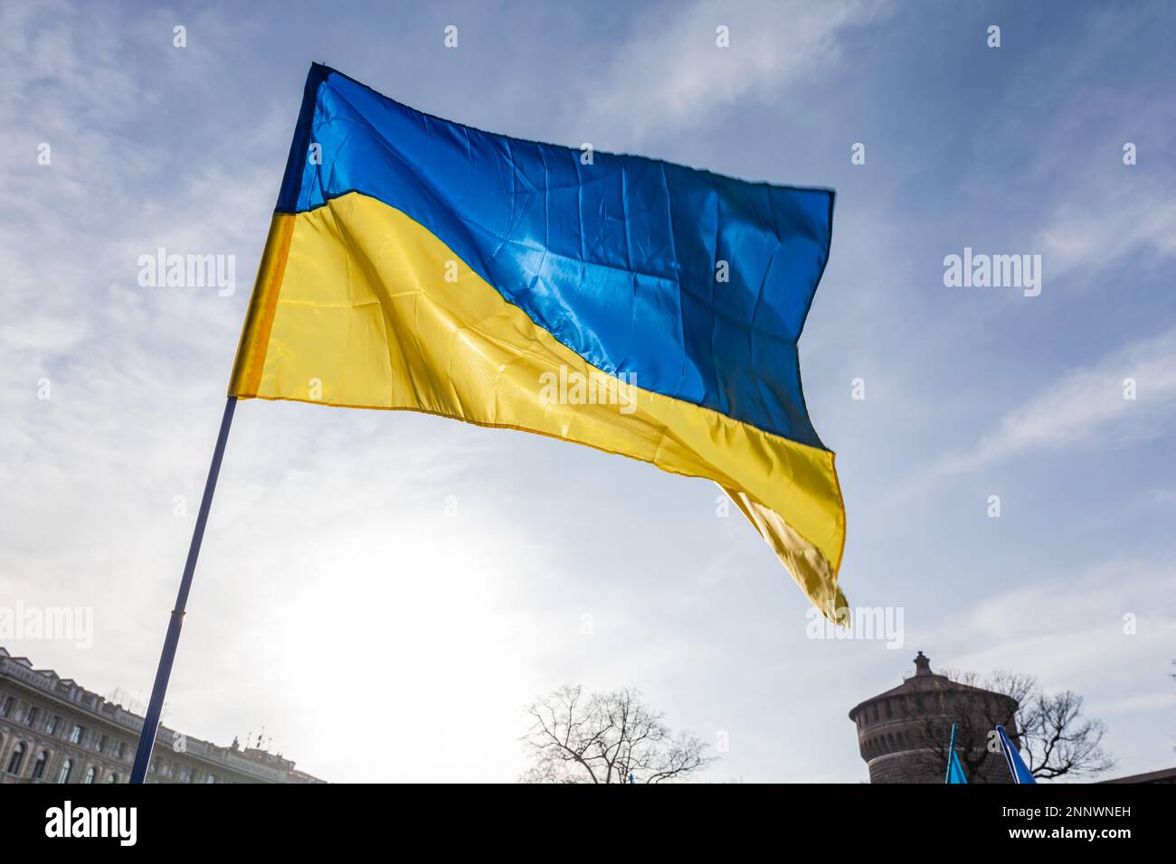 Flag with yellow and blue striped colors of Ukraine waving in the wind ...