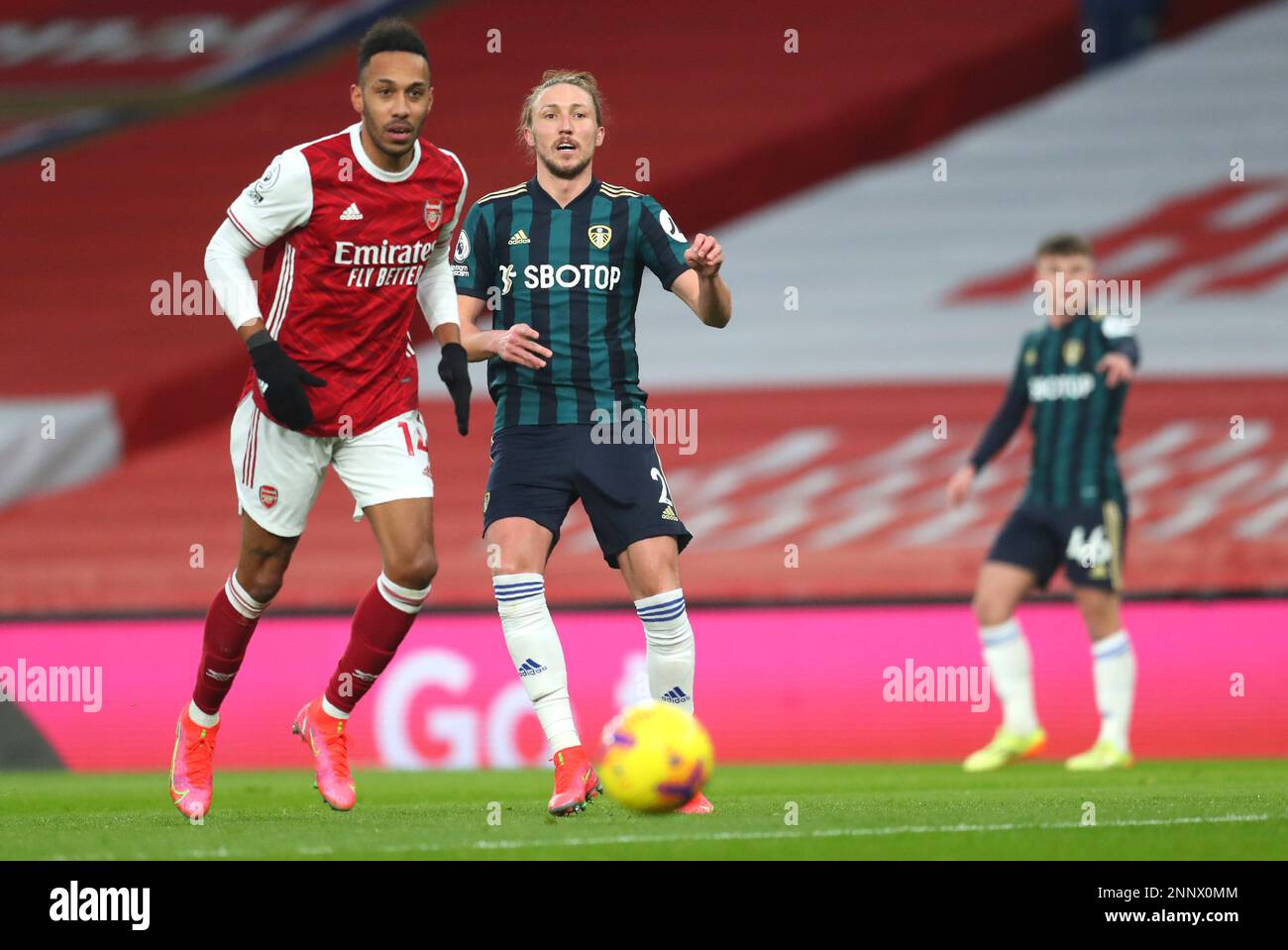 Arsenal's Pierre-Emerick Aubameyang, left, and Leeds United's Luke ...