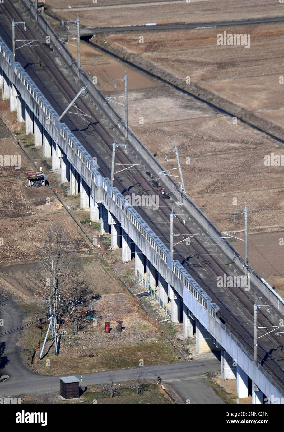 An aerial photo shows overhead electric line of Tohoku Shinkansen ...