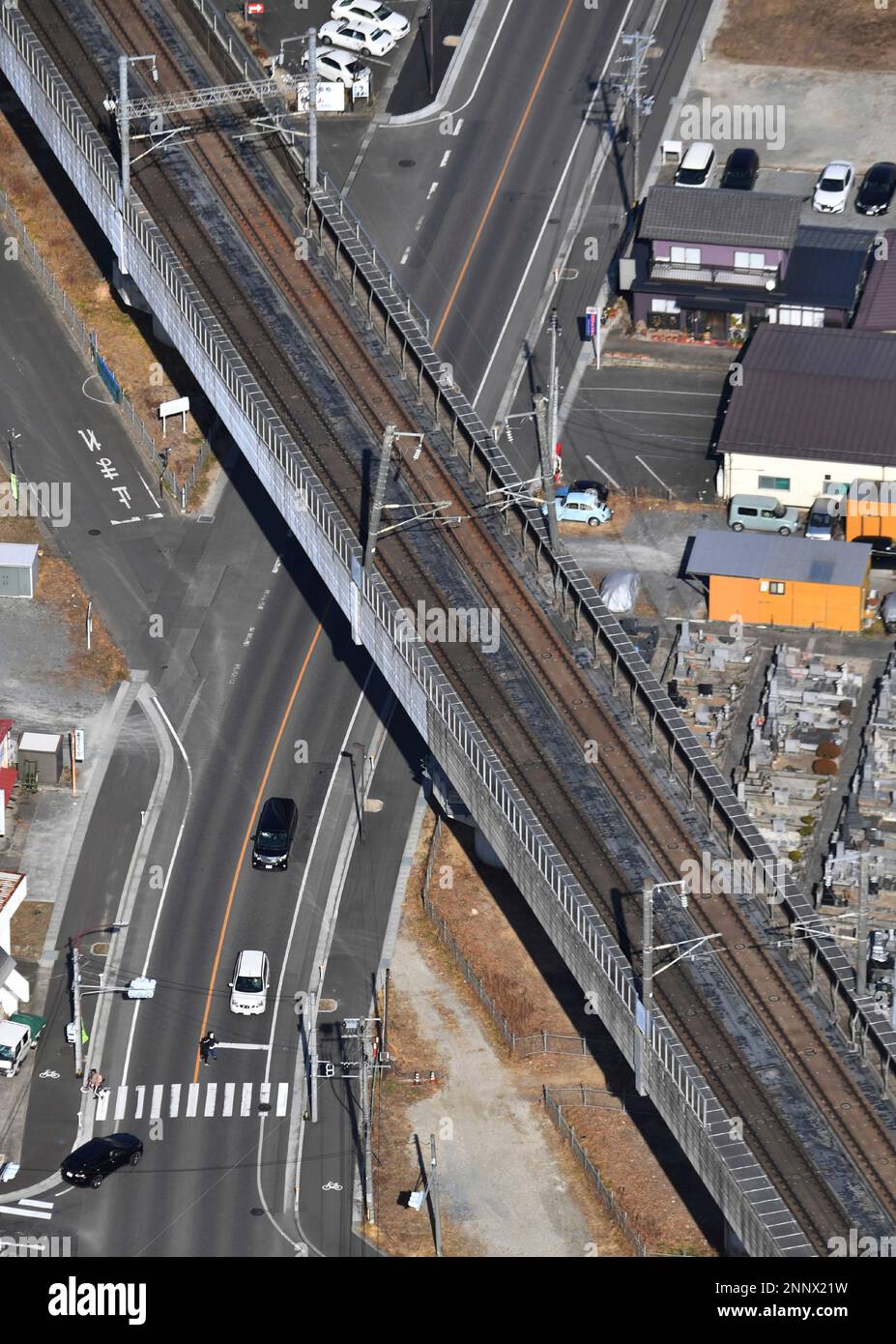 An aerial photo shows overhead electric line of Tohoku Shinkansen ...