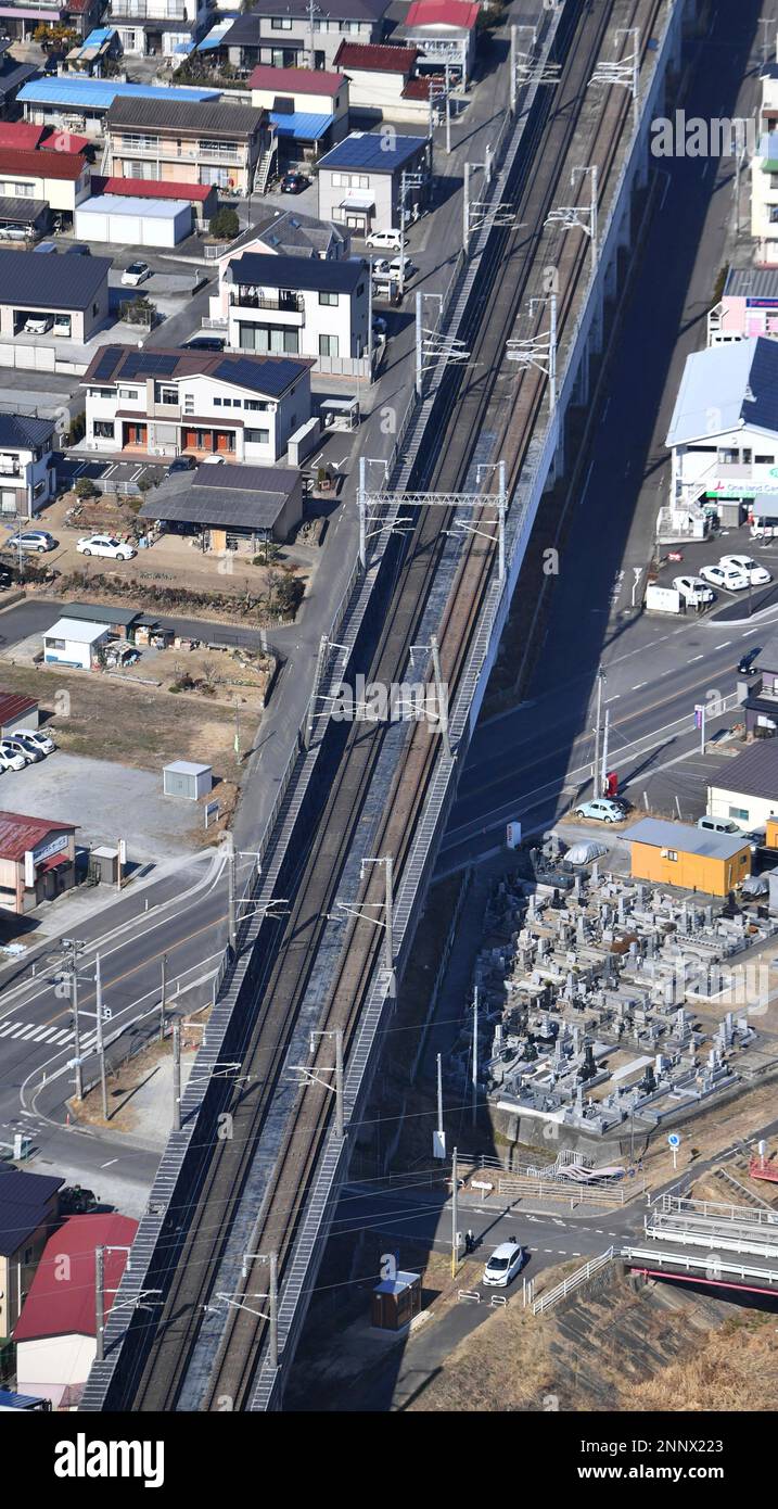 An aerial photo shows overhead electric line of Tohoku Shinkansen ...