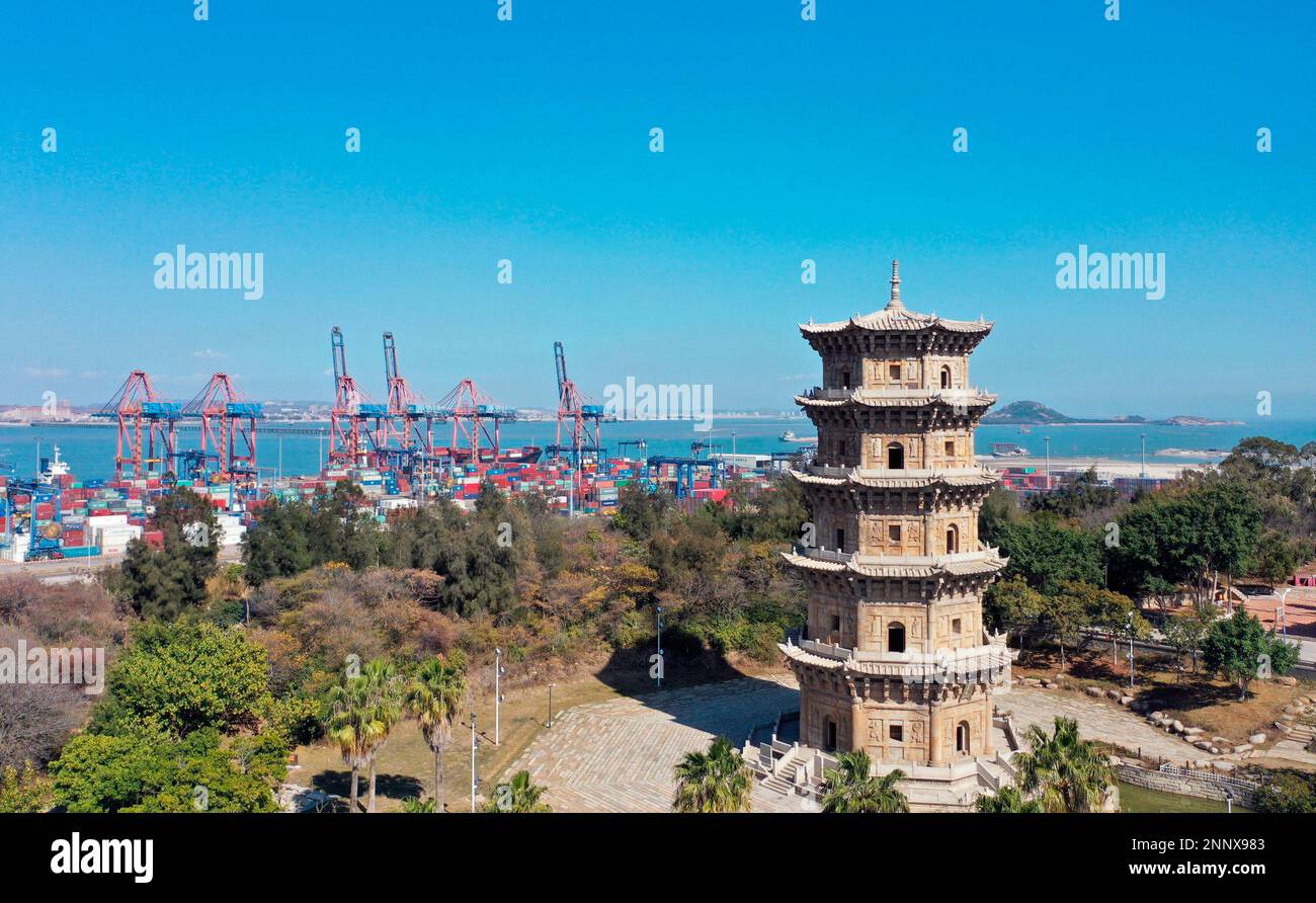 A view of the 36-meter-tall Liusheng Pagoda, rebuilt in 1336, and the ...