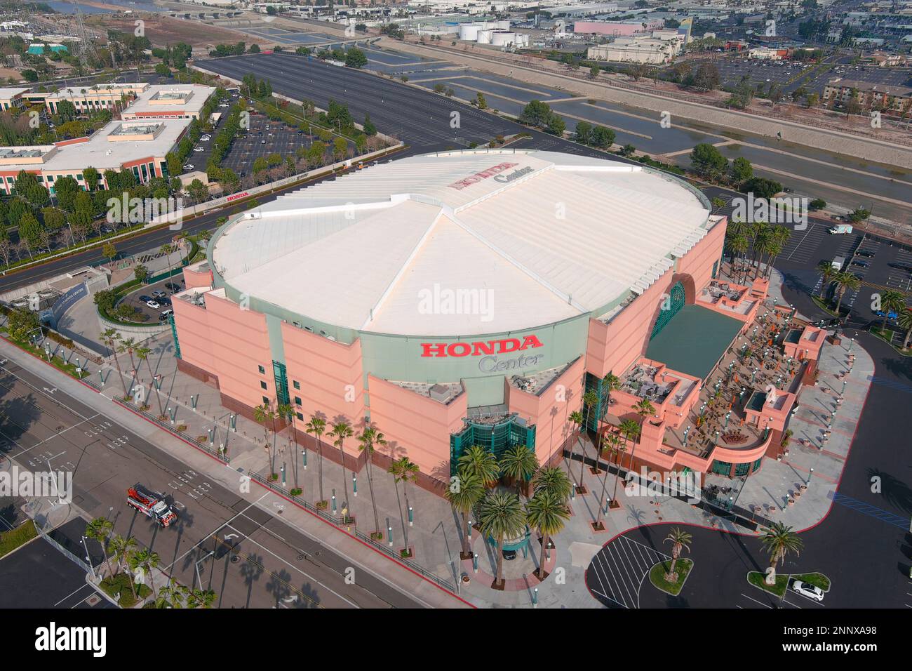 An aerial view of the Honda Center, Wednesday, Feb. 10, 2021, in ...