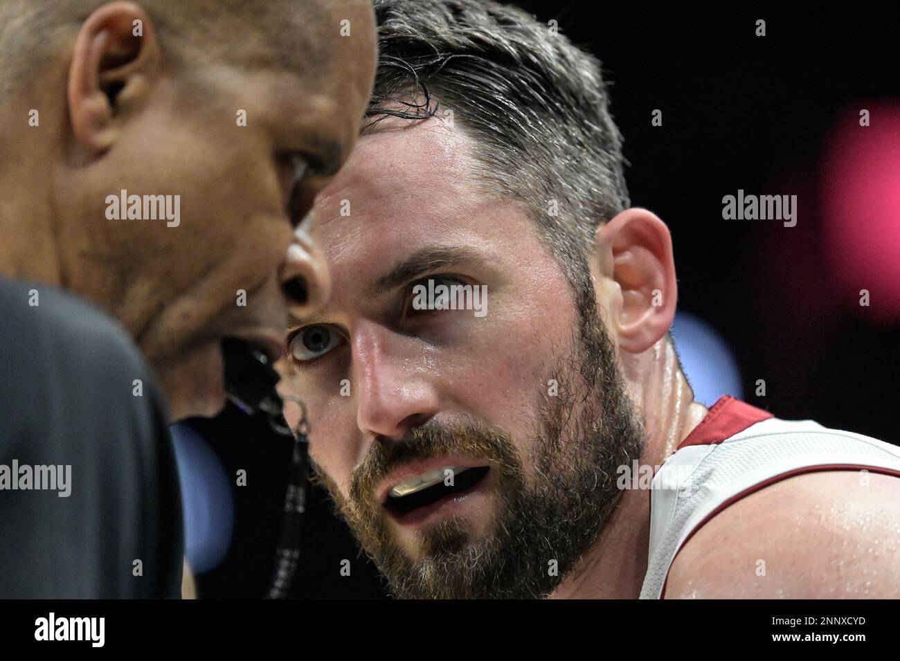 Miami Heat forward Kevin Love looks at referee Sean Corbin after a foul ...