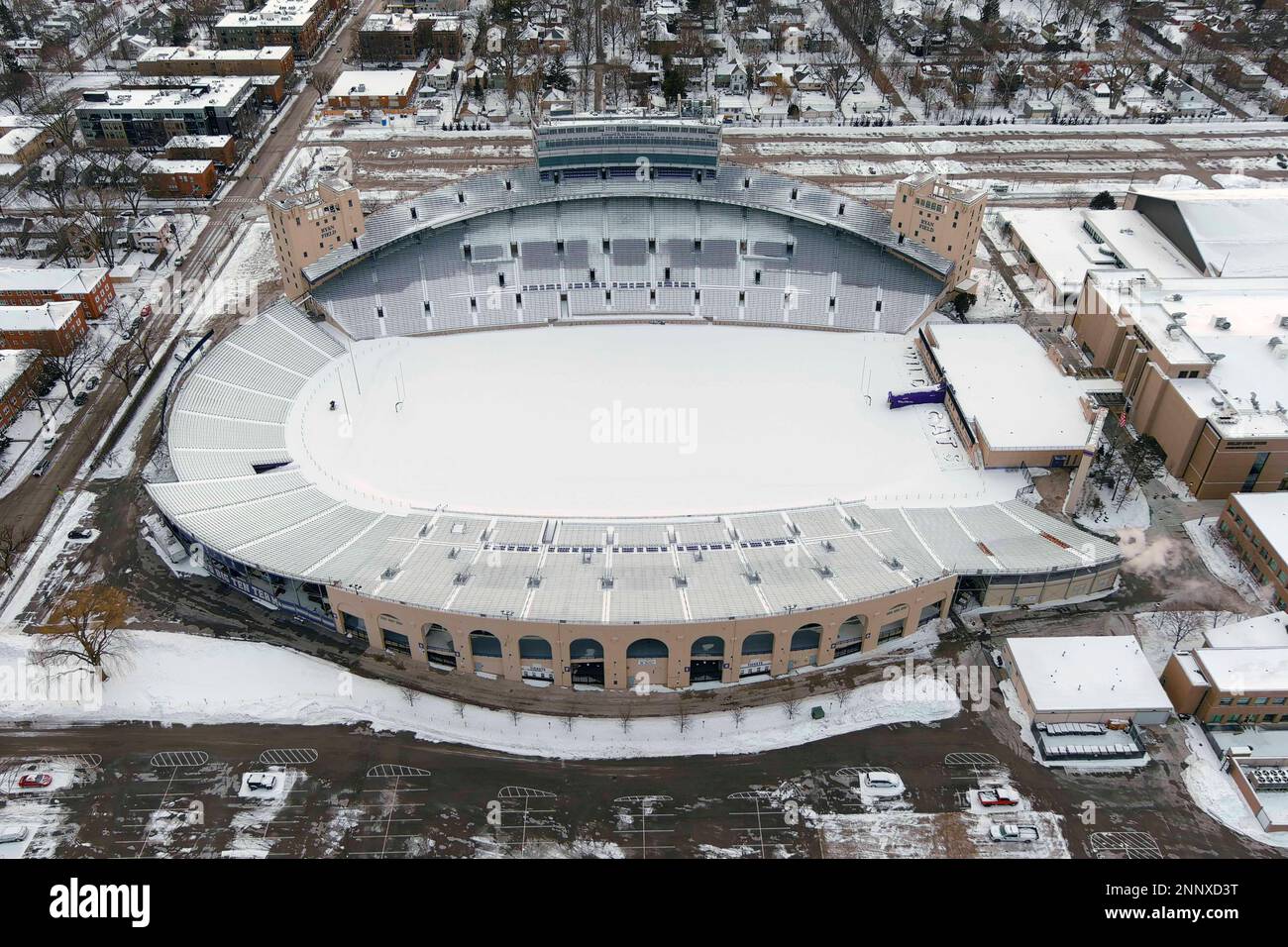 An aerial view of a snow-covered Ryan Field, Sunday, Feb. 7, 2021, in ...