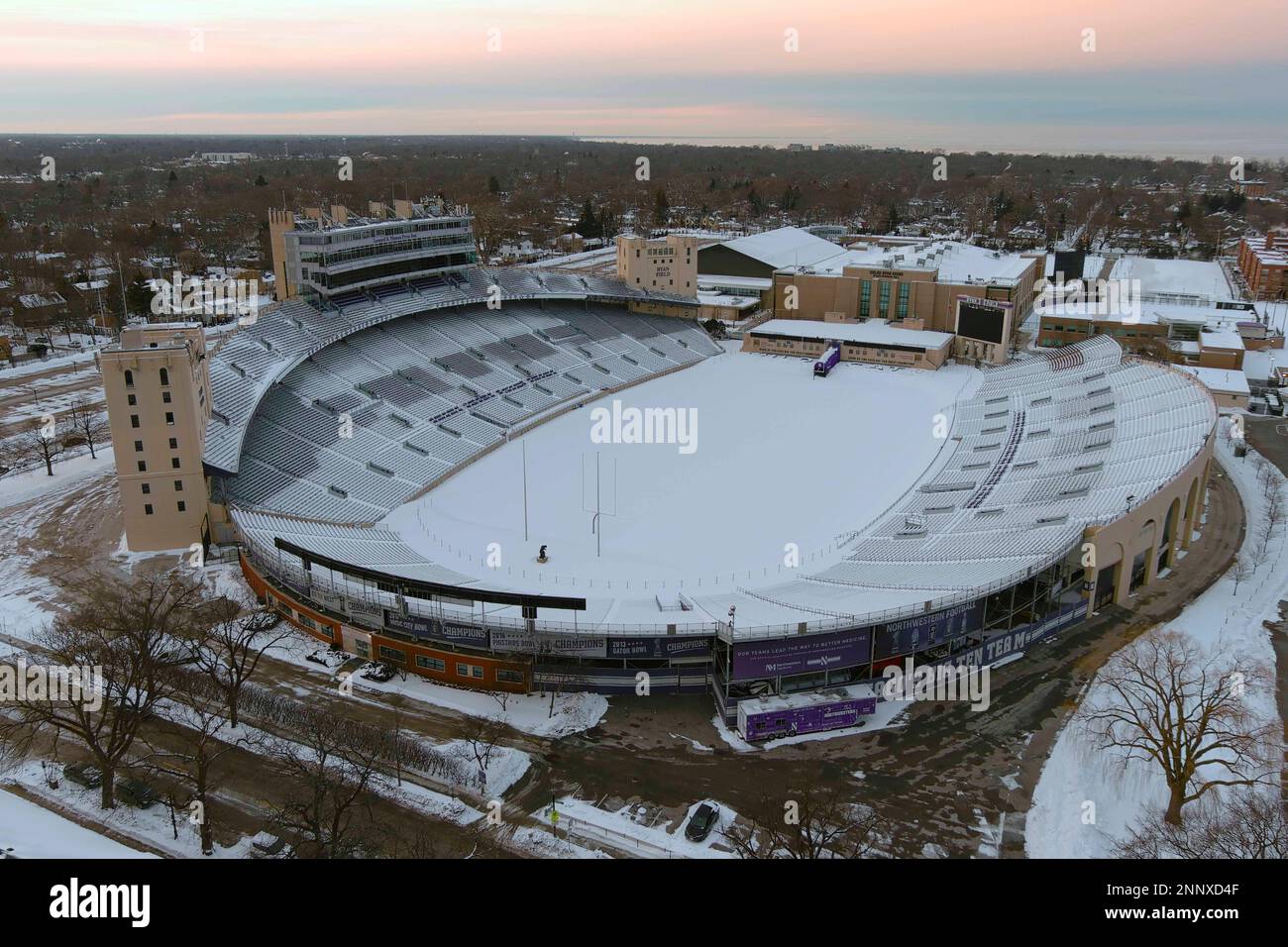 An aerial view of a snow-covered Ryan Field, Sunday, Feb. 7, 2021, in ...
