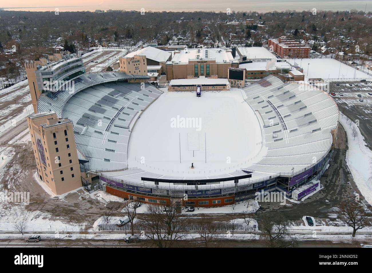An aerial view of a snow-covered Ryan Field, Sunday, Feb. 7, 2021, in ...