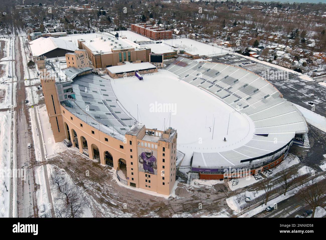 An aerial view of a snow-covered Ryan Field, Sunday, Feb. 7, 2021, in ...