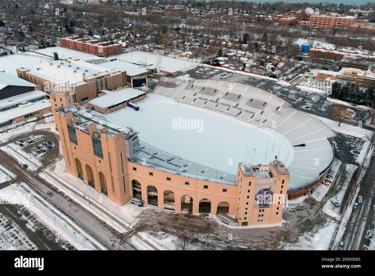 An aerial view of a snow-covered Ryan Field, Sunday, Feb. 7, 2021, in ...