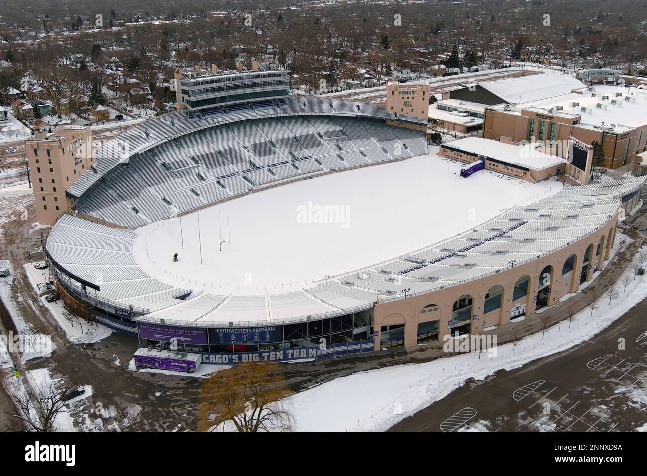 An aerial view of a snow-covered Ryan Field, Sunday, Feb. 7, 2021, in ...