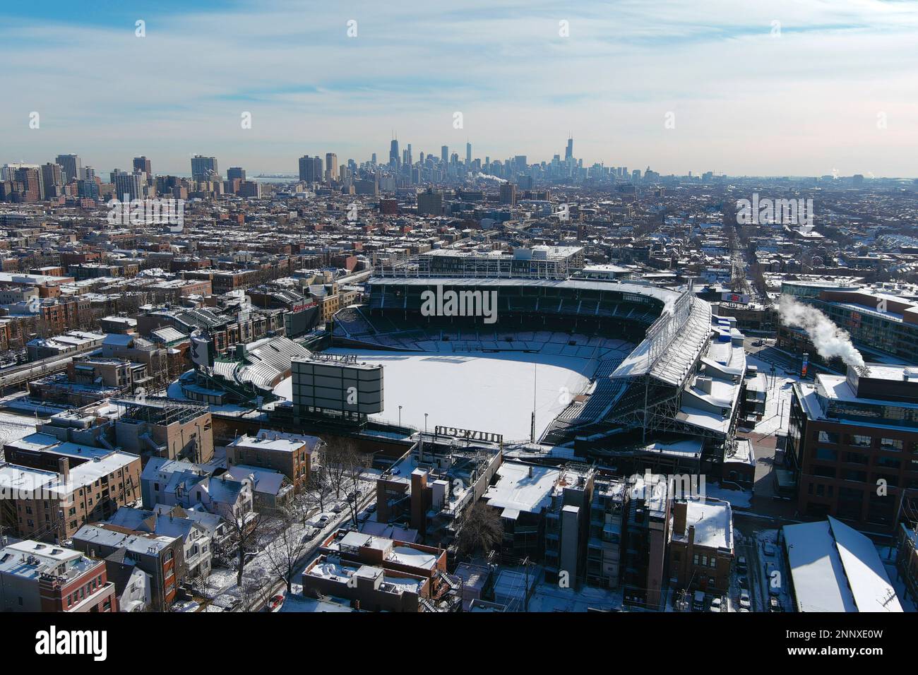 An aerial view of Wrigley Field and the downtown skyline, Sunday, Feb ...