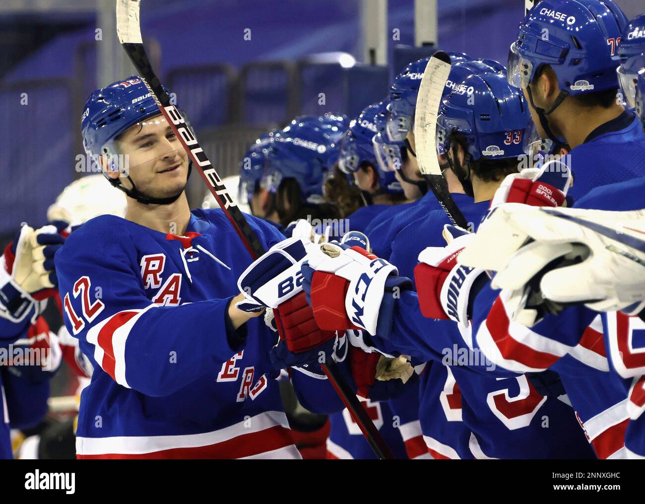 New York Rangers Julien Gauthier (12) celebrates his first NHL goal ...