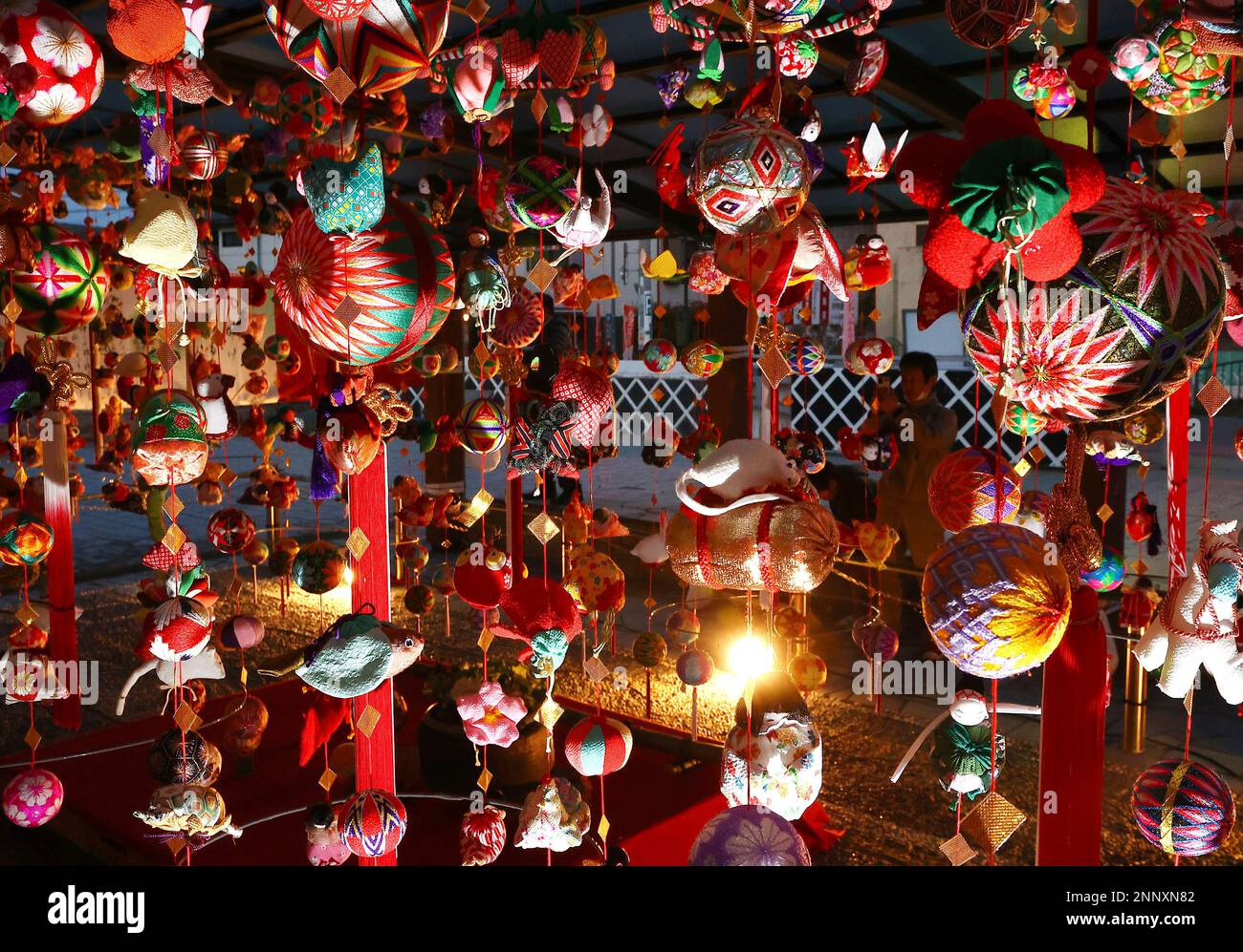 Sagemon, temari balls, birds and sachets made from colorful cloth are ...