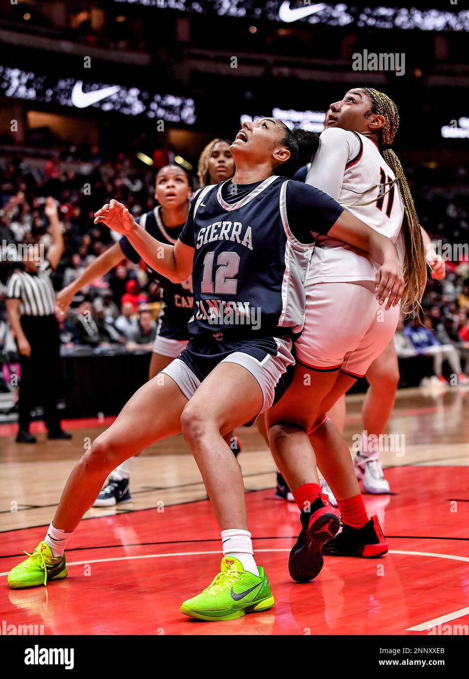 February 25, 2023 Anaheim, CA.Etiwanda (11) Kennedy Smith defends as Sierra Canyon (12) Juju ...