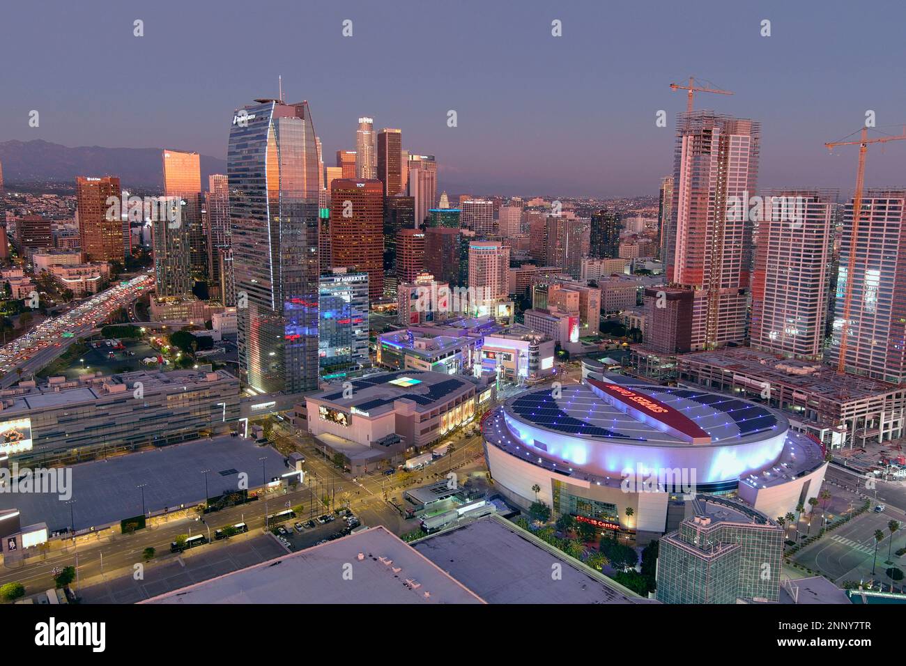 An aerial view of the Staples Center and downtown skyline, Friday, Feb ...