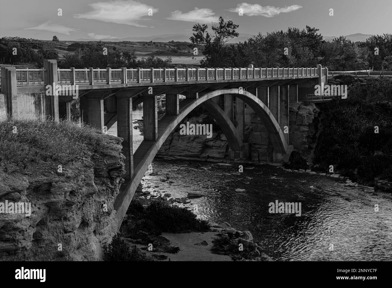 Lundbreck Falls Bridge across Crowsnest River at sunset, Lundbreck ...