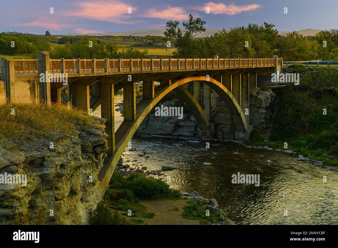 Lundbreck Falls Bridge across Crowsnest River at sunset, Lundbreck ...