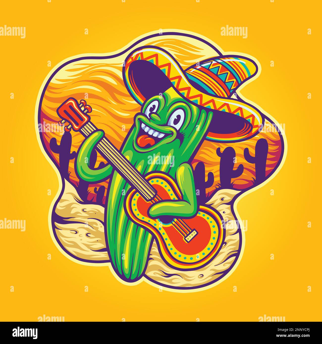 Cute cactus cinco de mayo mexican guitar logo cartoon illustrations ...