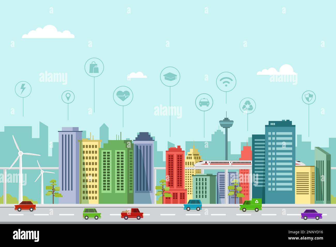Flat design of smart city buildings in a modern future with graphic ...