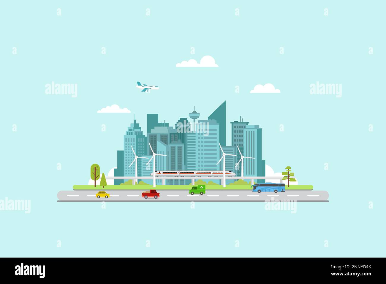 Flat design illustration of a smart city with fast train smart cars and ...