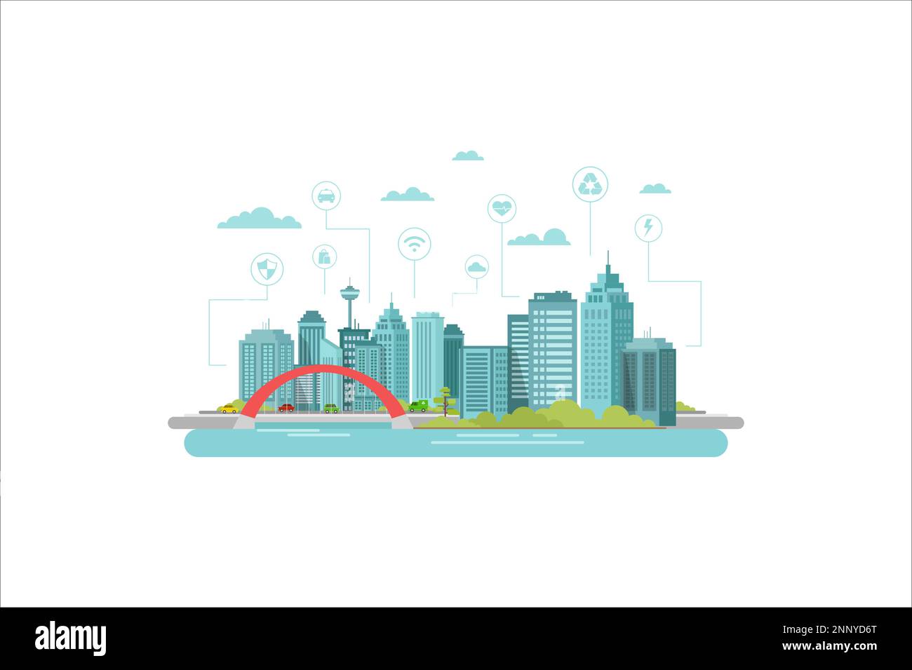 illustration of a smart city with a bridge and a smart transportation ...