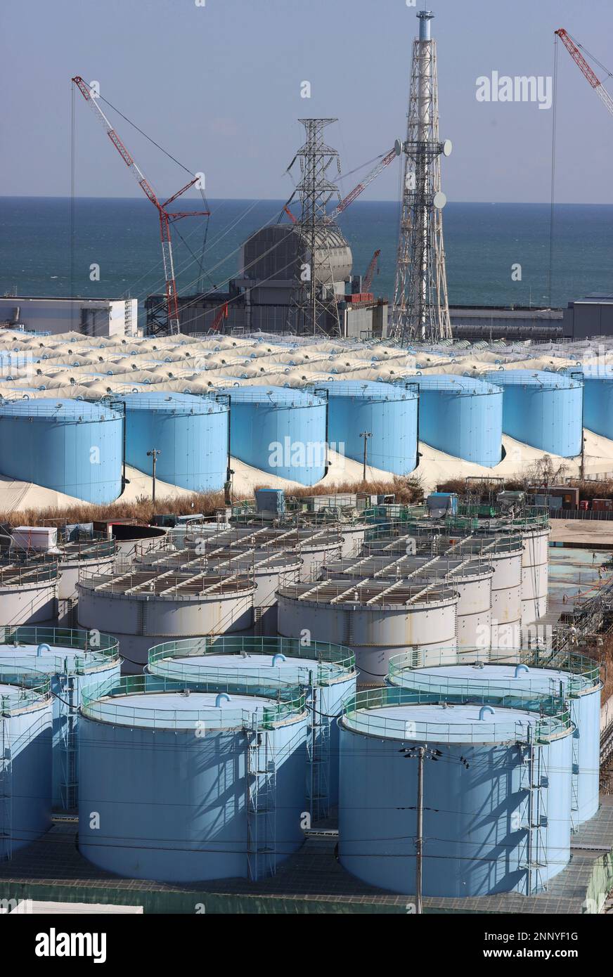 A photo shows contaminsted water storage tanks lined at the Fukushima ...