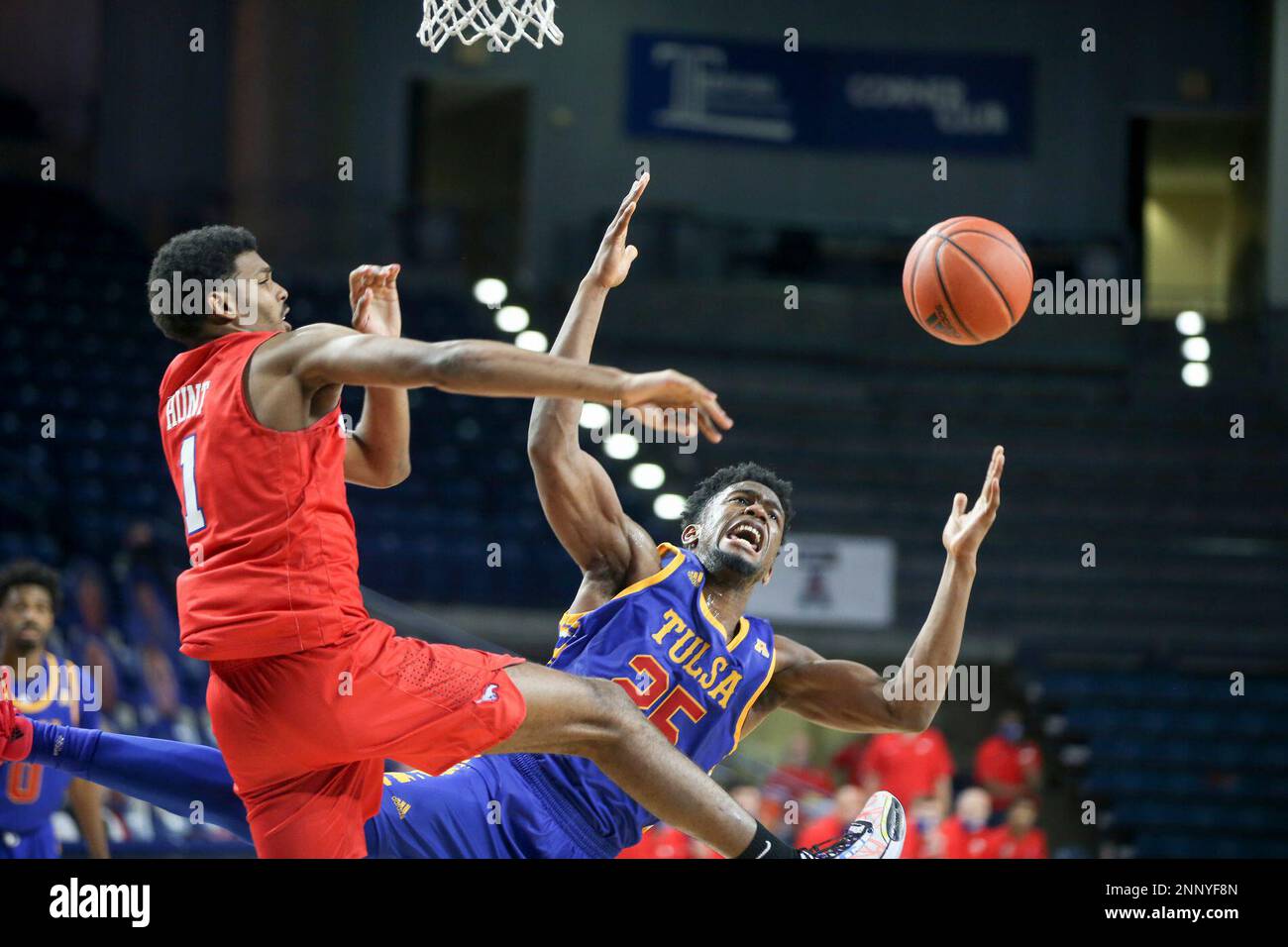 SMu forward Feron Hunt (1) blocks a shot attempt by Tulsa forward Rey ...