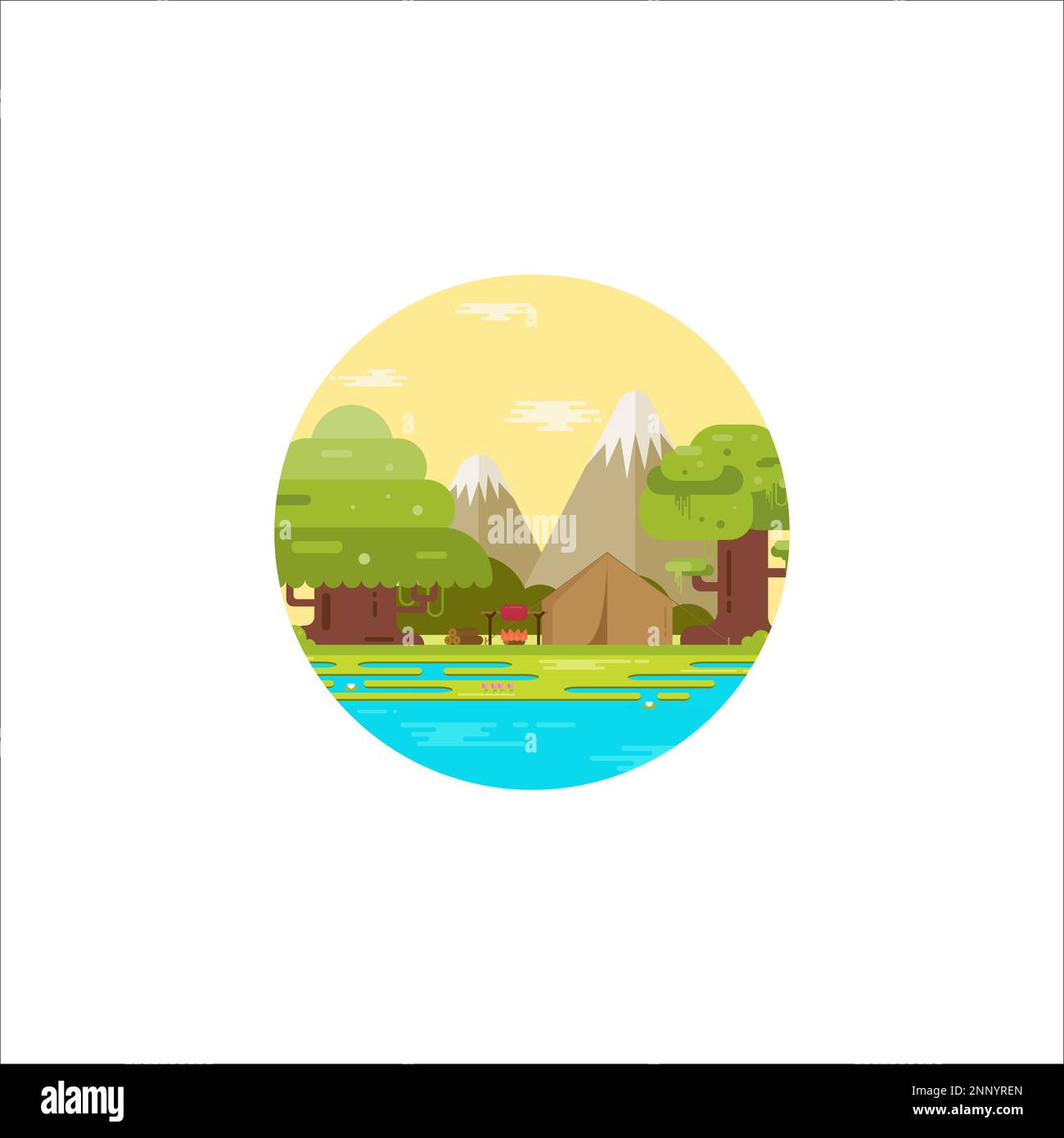 wilderness explorer round emblem logo with summer camping in forest ...