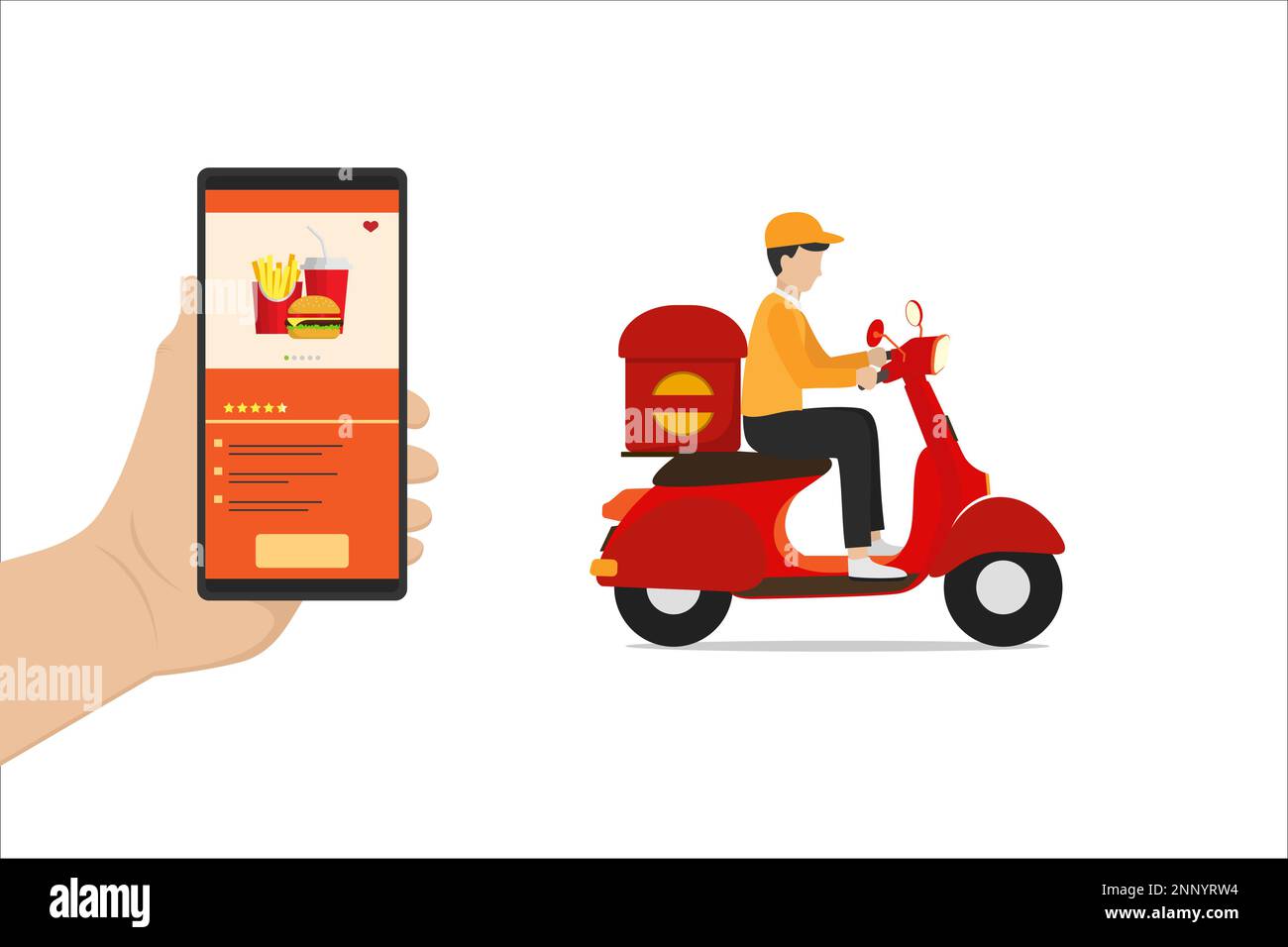 Fast food delivery service vector design via smartphone app with scooter design on white ...