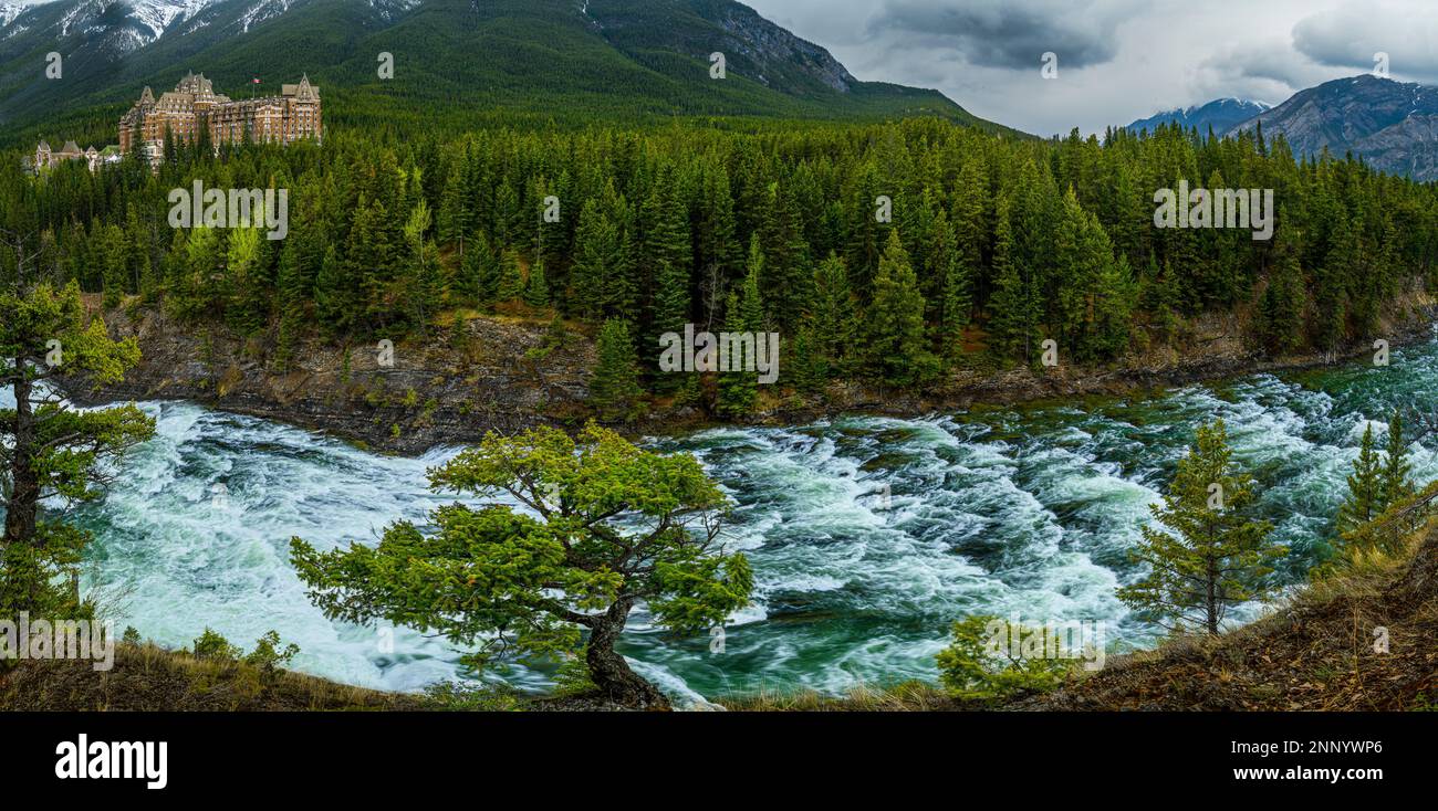 Fairmont Banff Springs Hotel, Bow Falls and Bow River, Banff, Alberta ...