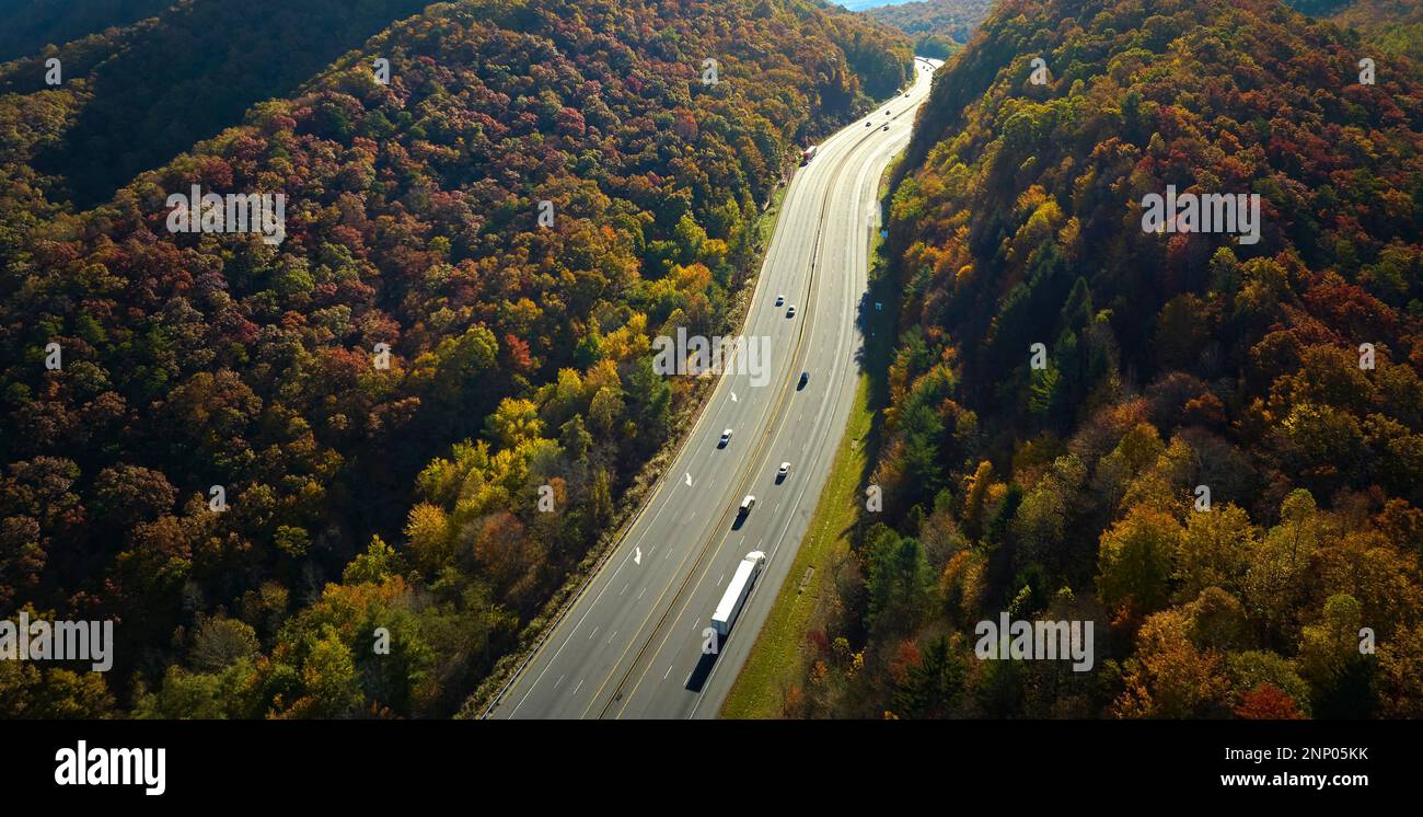 Aerial view of I-40 freeway in North Carolina leading to Asheville ...