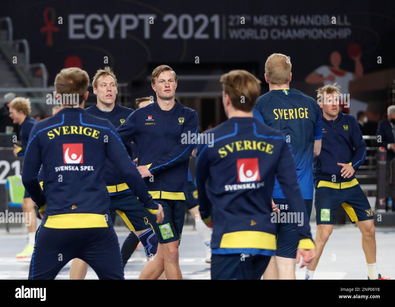 Swedish players warm up before the World Handball Championship final ...