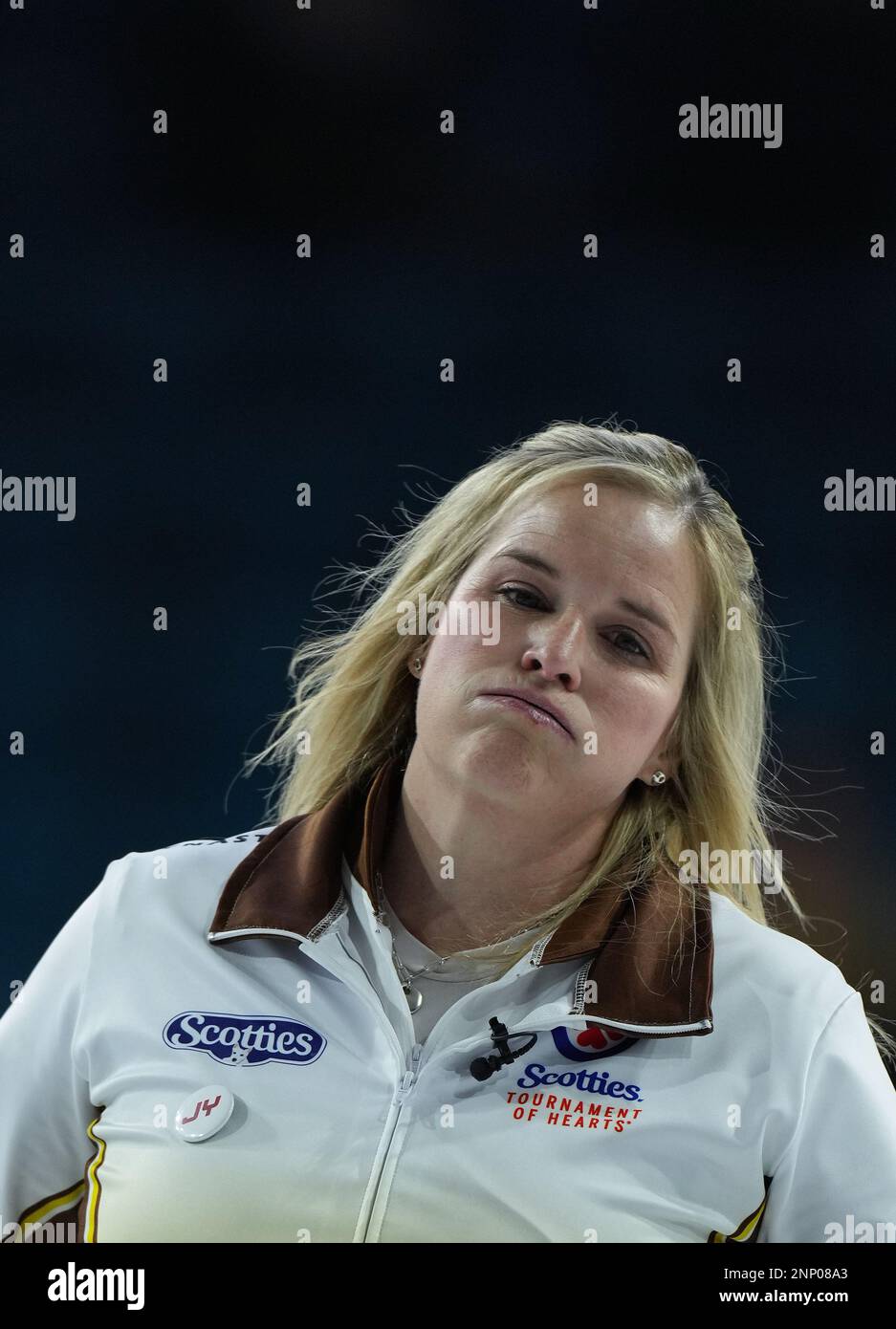 Manitoba skip Jennifer Jones reacts to a missed shot while playing ...