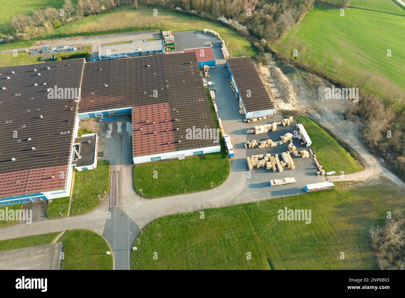 Aerial view of new factory building for producing and shipping of ...